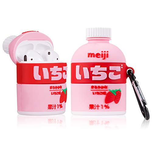 Mulafnxal for Airpod 1&2 Case, Cute Cartoon Unique Silicone Air pods Cover, 3D Funny Kawaii Fashion Fun Cool Keychain Design Stylish Soft Skin Cases Women Girls Teens for Airpods (Strawberry Juice)