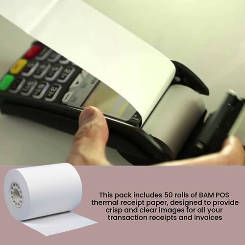 BAM POS Thermal Receipt Paper - Crisp & Clear Images, BPA Free - Ideal for First Data FD50 & FD100TI, Credit Card Machines - Pack of 50 Rolls