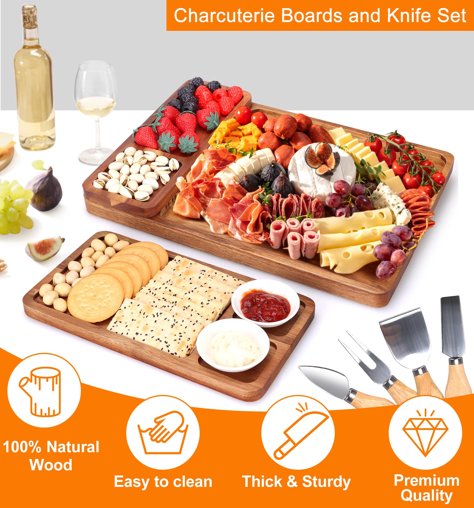 9 PCS Acacia Wood Cheese Board and Knife Set Large Charcuterie Platter Meat Cheese and Cracker Tray Vegetarian Fruit Snack Board Food Serving Tray Grazing Board Magnetic Charcuterie Board Gift Set