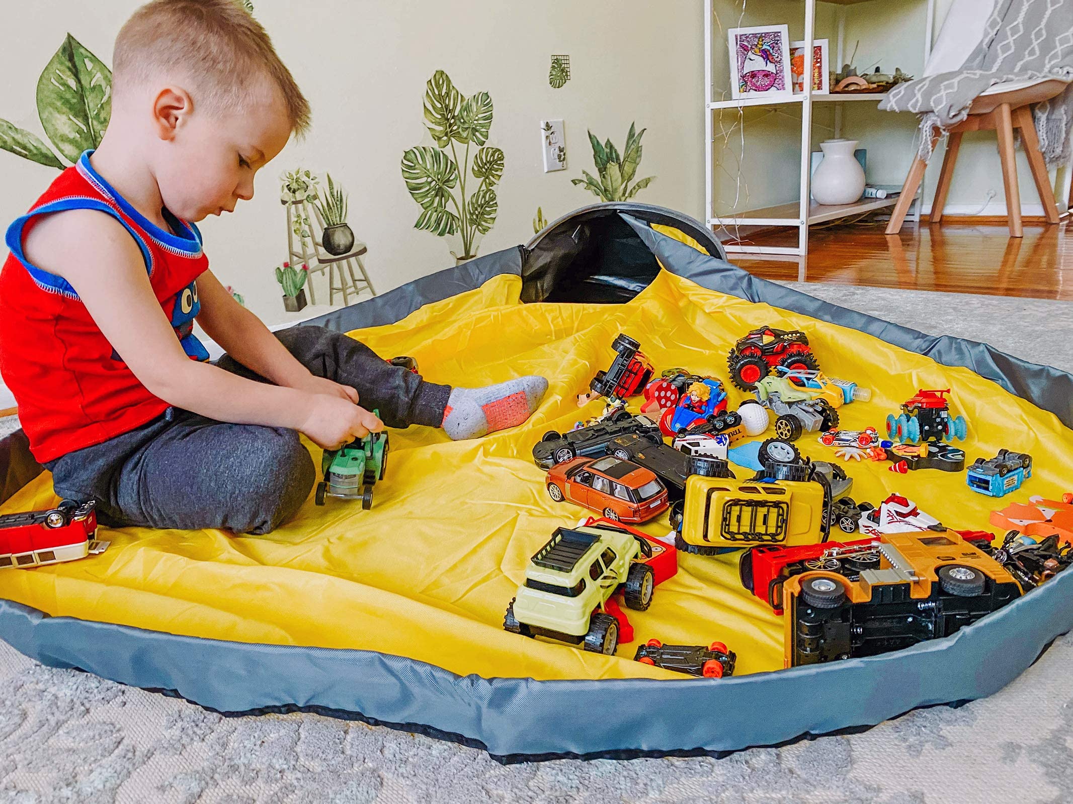 FOUR UNCLES 2-in-1 Toy Storage Basket and Play Mat - Collapsible Durable Floor Toy Activity Chest Organizer with lids -12'' Tall by 15'' Diameter with 52'' Play mat (large)