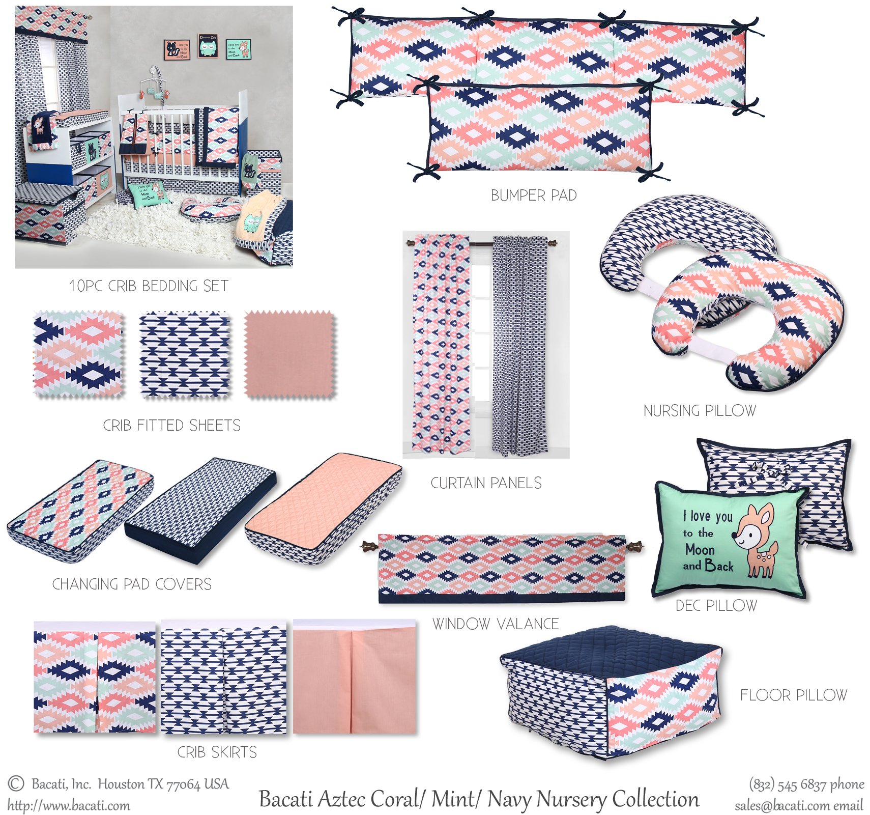 Bacati Aztec Emma Girls Fabric Memory/Memo Photo Bulletin Board, Coral/Mint/Navy