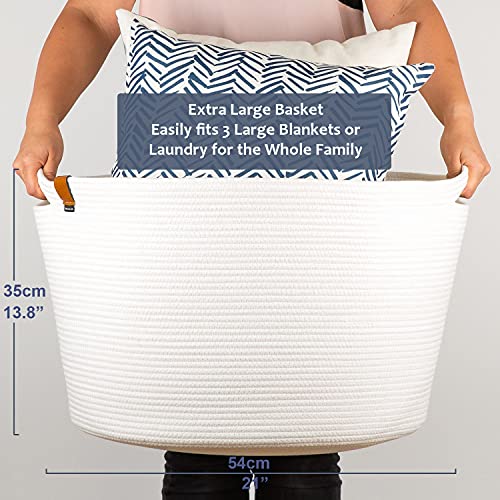 DENJA & CO Extra Large Blanket Basket for Living Room - White Farmhouse Woven Baskets for Storage | Cotton Rope Large Baskets for Blankets, Pillows, Toys, or Laundry | Ivory White (21" Wide x 13.8" Tall)