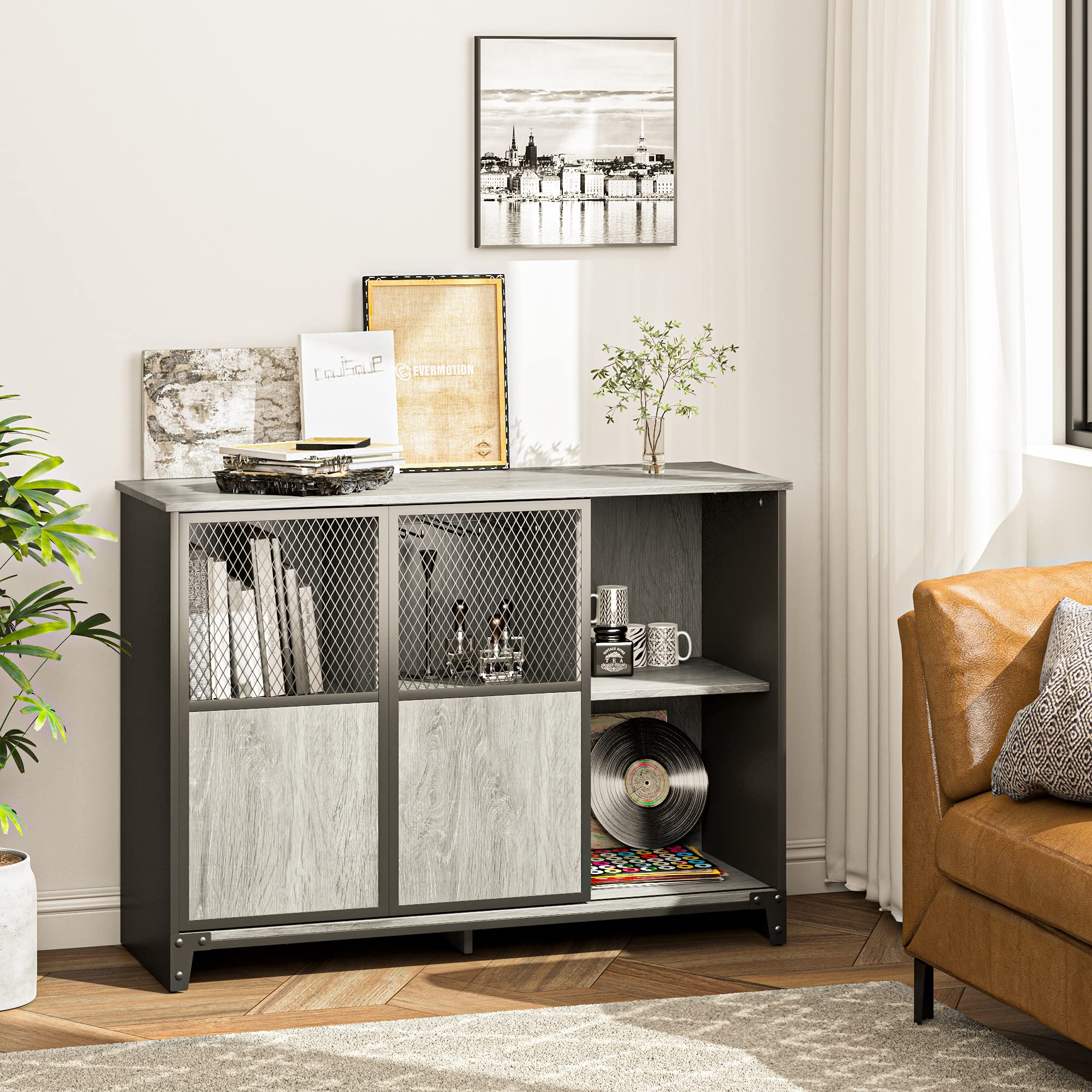 Bestier Industrial Bar Cabinet for Liquor and Glasses with Sliding Metal Mesh Door Kitchen Accent Sideboard Buffet Wine Rack with Adjustable Shelf Home Bar Furniture Gray