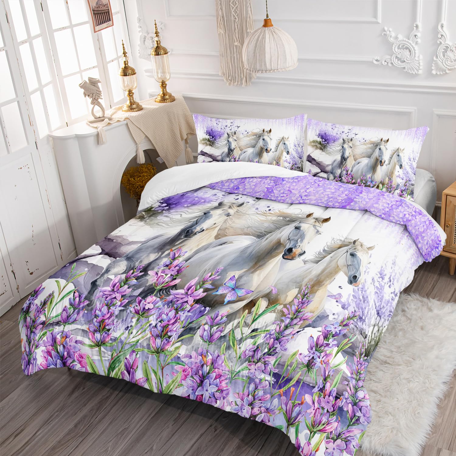AILONEN Horse Comforter Set Twin Size, Purple Lavender Flower Bedding Set for Girls Women,Galloping Horse Bed in a Bag Quilt and 2 Pillowcases,3 Pieces Twin Comforter Set