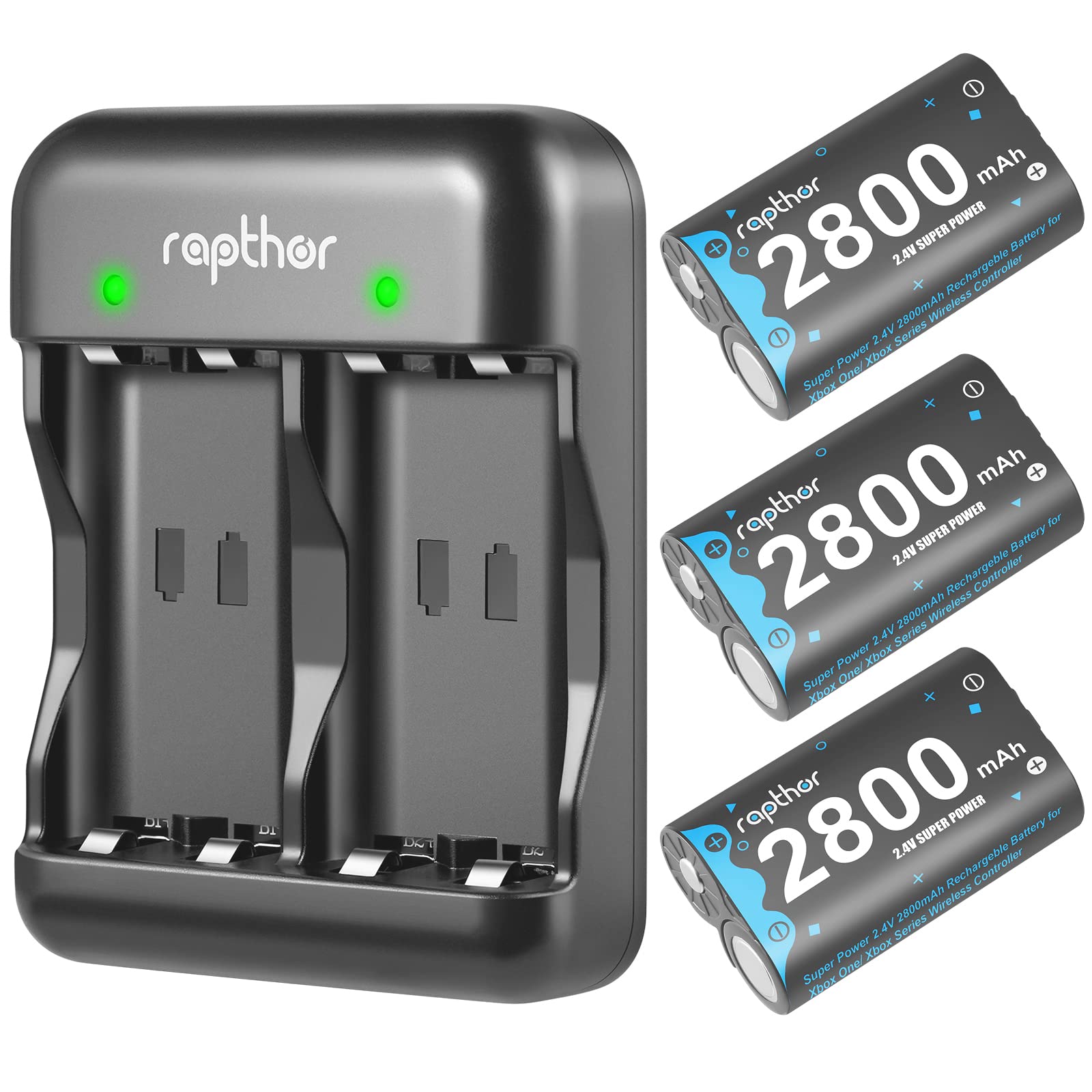 2800mAh Rechargeable Battery Pack for Xbox, Rapthor 3X 2800mAh High Capacity Controller Battery Pack with Fast Charger for Xbox One/Xbox Series X|S/Xbox One S|X|Elite (3 Battery Packs+1 Charger)