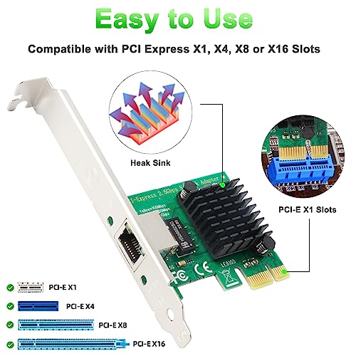 2.5G Base-T PCIe Network Adapter, RTL8125B 2500/1000/100Mbps PCI Express Gigabit Ethernet Card RJ45 LAN Controller, Low Profile Bracket, Network Card for Gaming/Office, Support Windows 11/10 /8/8.1/7