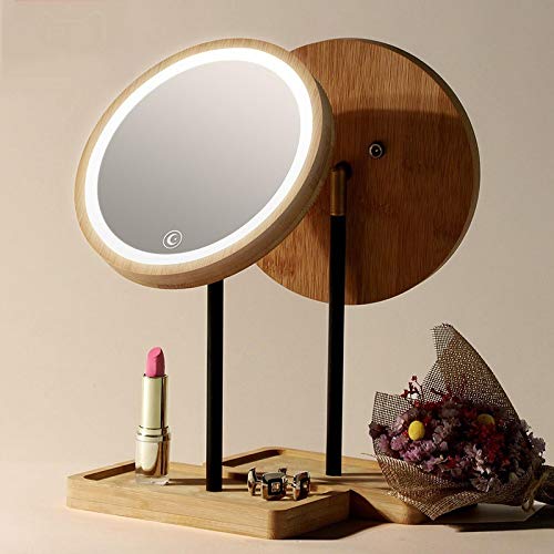 FQYYDD Illuminated Makeup Mirror Wooden Desktop Led Makeup Mirror Usb Charging Adjustable Bright