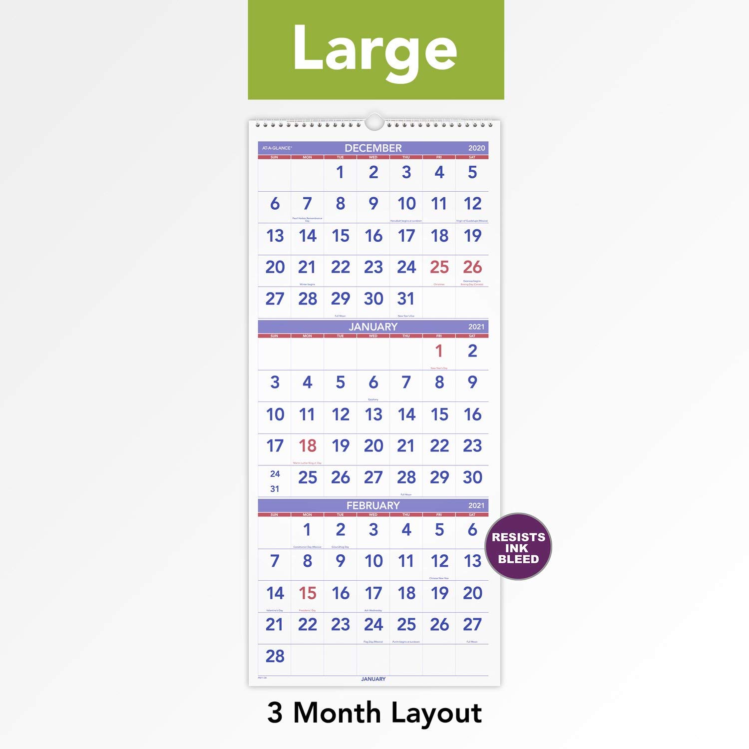 2021 Wall Calendar by AT-A-GLANCE, 12" x 27", Large, Vertical, 3-Month Reference, Wirebound (PM112821)