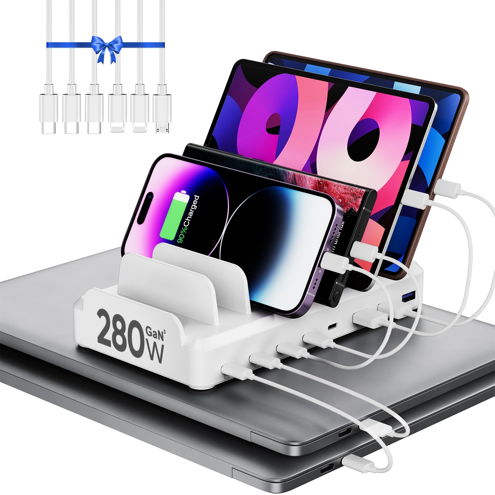 280W Charging Station for Multiple Devices, 8 Port USB C Charging Station Fast Charge for MacBook iPhone 15 Phone iPad Tablets (6 Mixed Short Cables Included) White