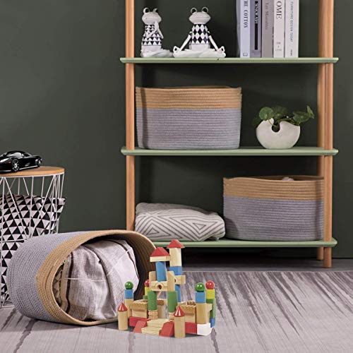 YOUDENOVA Rope Basket for Storage, Woven Storage Basket Bins, Set of 3, Nursery Basket for Toys, Throws, Makeups, Brown & Grey