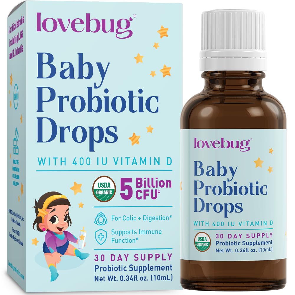 Lovebug Award Winning USDA Organic Probiotic for Infants & Babies | Helps with Colic, Reflux, Diarrhea, Constipation & Gas | Multi-Strain 5 Billion CFU | Liquid Drops | Ages 0-24 Months