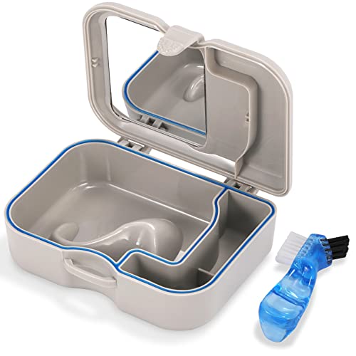 Annhua Denture Cup Bath Box Case with Mirror and Cleaning Brush, Dental Case with Brush Retainer Cleaning Case Mouth Guard Storage Soaking Cup Holder for Travel, Office, Household Use