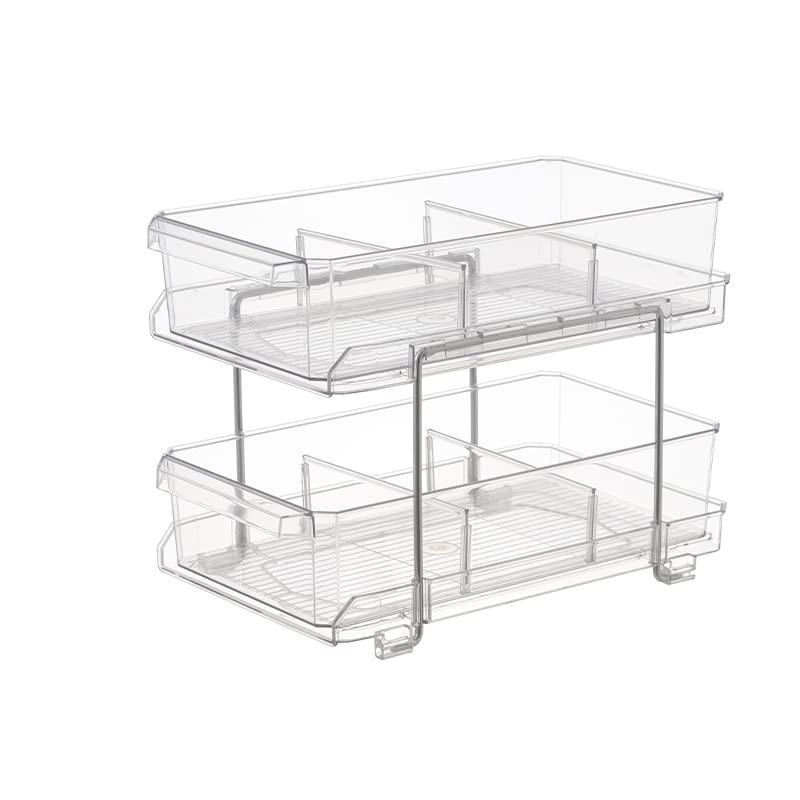2-Tier Clear Organizer with Sliding Storage Drawers, Baskets, with Handles and Dividers for Kitchen, Closet, Kitchen Pantry Medicine Cabniet Storage Bins Bathroom, and Office, BPA Free (1 PACK)