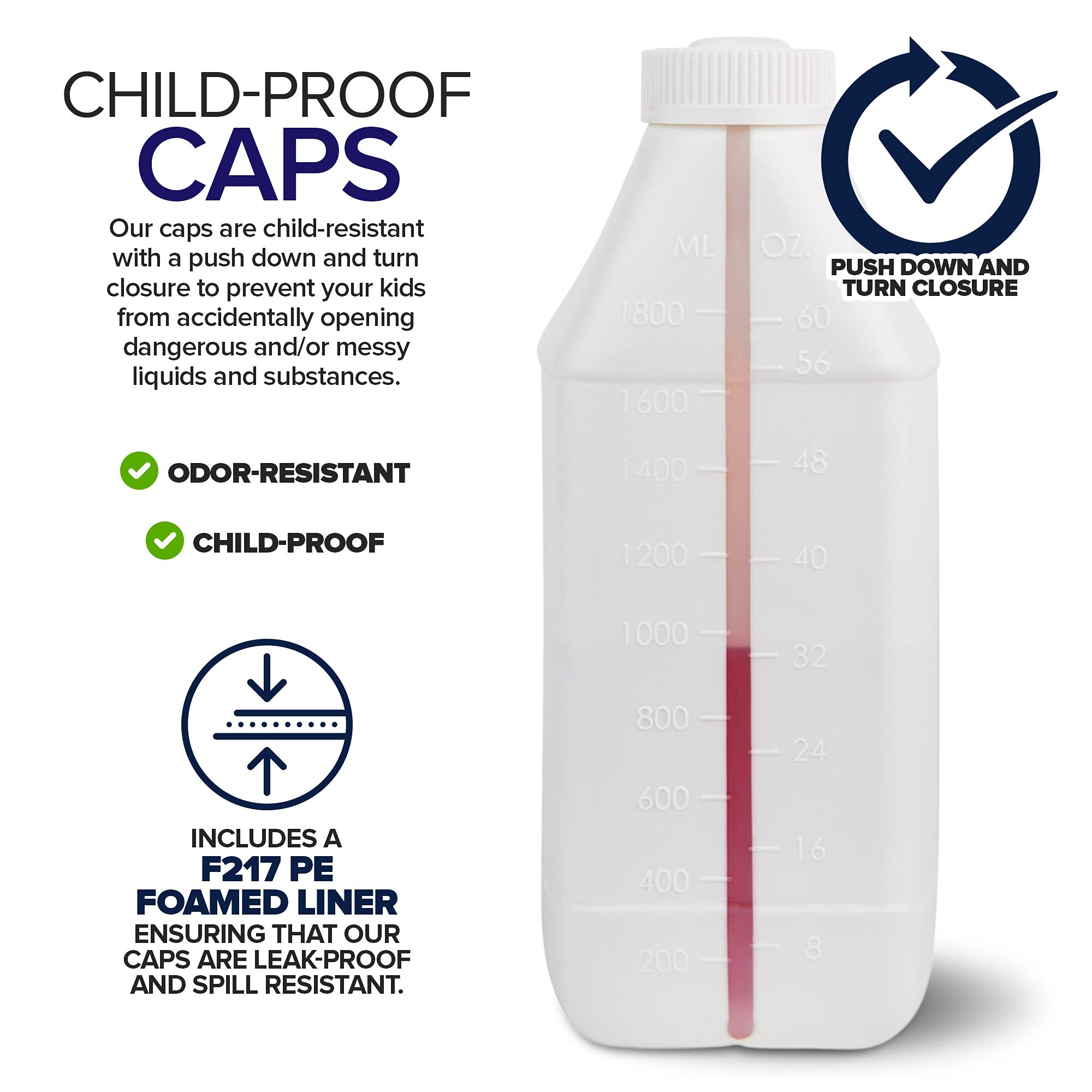 Stock Your Home 64 oz Plastic F-Style Half Gallon Jugs with Labels (3 Pack) - Child Proof Leak Resistant Caps - Impact Resistant Plastic Jugs for Commercial or Restaurant Use - Adhesive Stickers