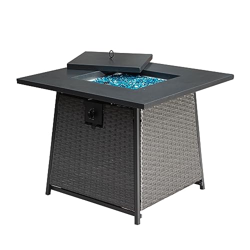 28 Inch Propane Fire Pits Table with Blue Glass Ball,50,000 BTU Outdoor Wicker Fire Table with ETL-Certified,2-in-1 Square Steel Gas Firepits (Dark Gray)