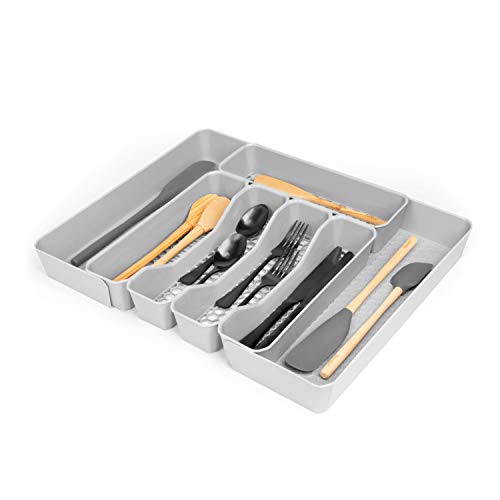 Spectrum Diversified Hexa 5-Divider Silverware Buildup-Resistant Drawer Organizer & Utensil Holder with Locking Expandable Wings, Easy-to-Clean Modern Kitchen Storage & Cutlery Tray, Stone Gray