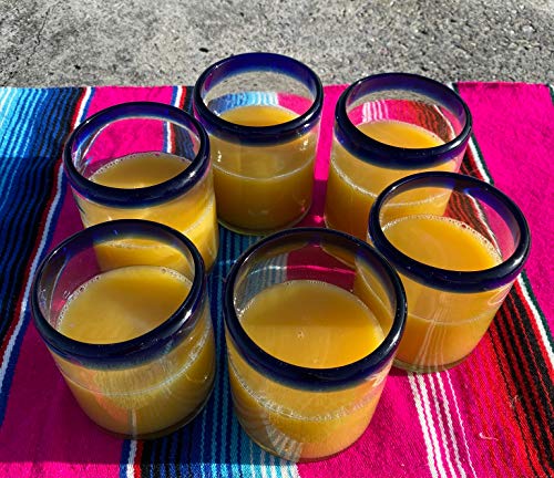 Hand Blown Mexican Drinking Glasses - Set of 6 Tumbler Glasses with Cobalt Blue Rims (10 oz each)