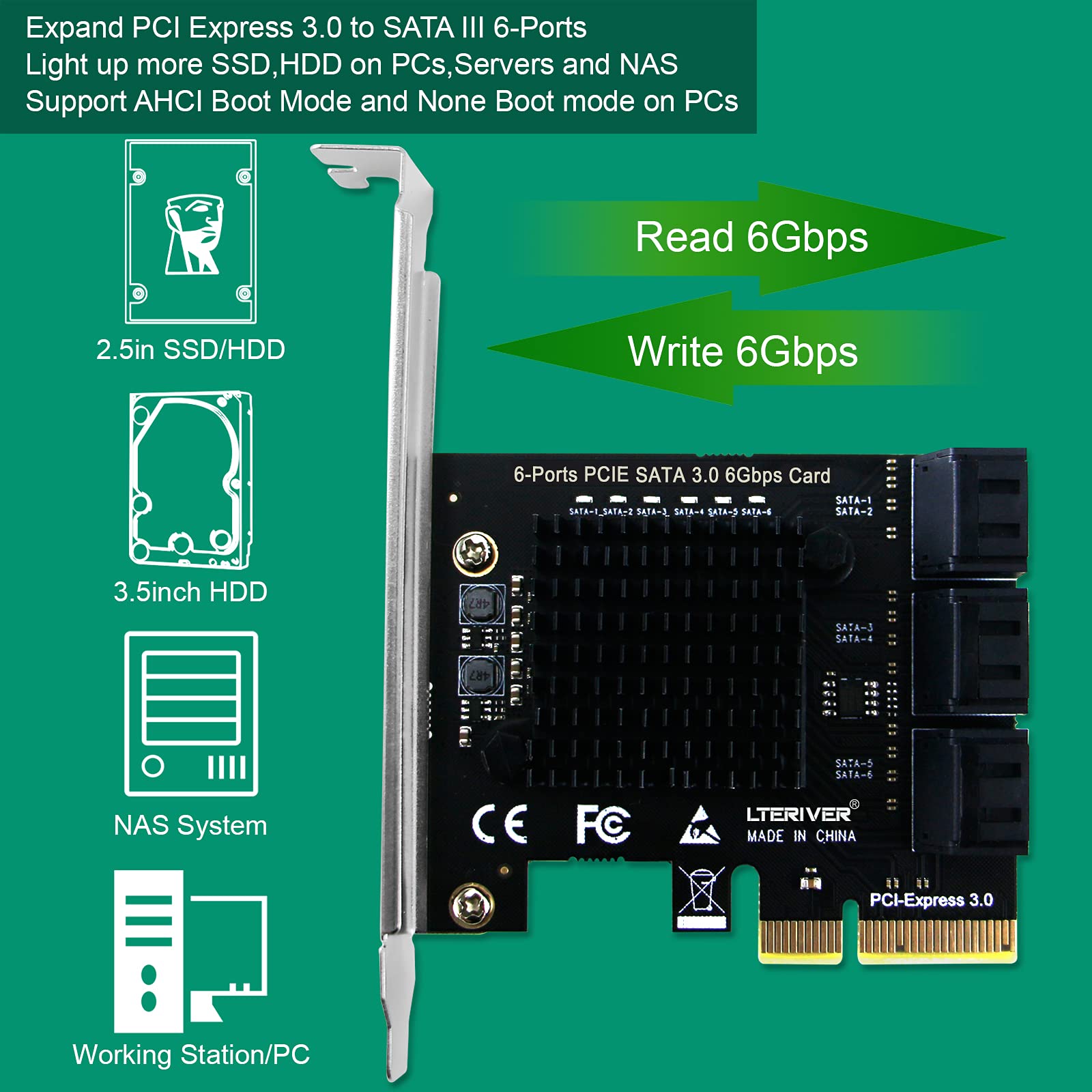 LTERIVER PCI Express X4 to 6-Ports Serial ATA/SATA 3.0 Host Controller Card- Plug and Play on Windows OS, MAC OS and Linux Systems-6X 6Gbps Max SATA 3.0 None Raid Ports-Support AHCI Boot Up (PCE-G2S6)