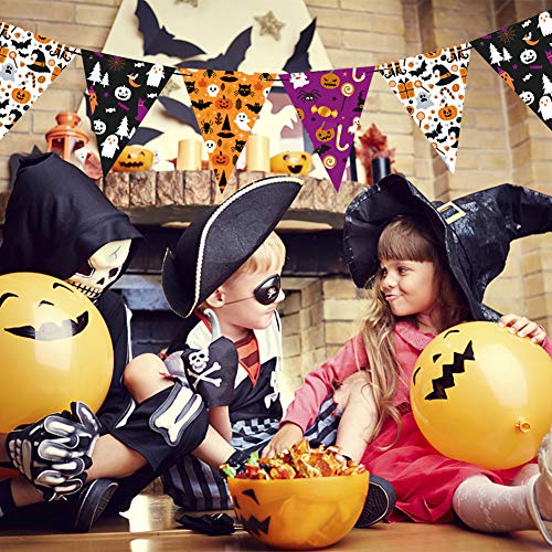 2023 Halloween Banner Party Decoration(Pre-Assembled)Cute Halloween Garland Bunting Banner Triangle Flag with Foil Swirl Ceiling Hanging Cards, Pumpkin Ghost Witches Bat Spider Skull Sticker