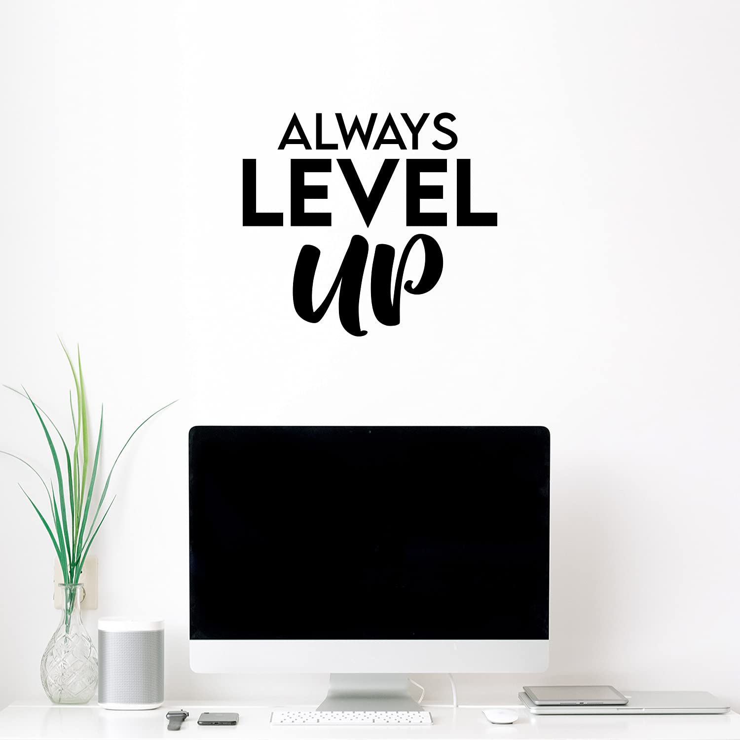 Vinyl Wall Art Decal - Always Level Up - 16.5" x 19" - Modern Cute Inspirational Optimistic Good Vibes Quote Sticker for Home Bedroom Kids Room Living Room Playroom School Office Decor (Black)