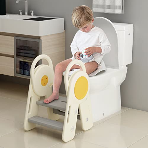 BanaSuper Foldable Toddler Step Stool with Safety Handrail for Kitchen Counter Bathroom Sink Kids Adjustable Toilet Potty Training Stool Children Step Ladder Learning Helper with Non-Slip Pads(Yellow)