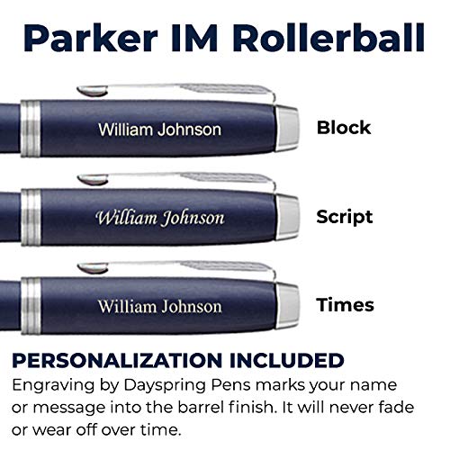 Dayspring Pens Engraved Parker Pen | Personalized PARKER IM Matte Blue Rollerball Gift Pen with Case. Custom Engraved and Shipped in one Business Day Fast.