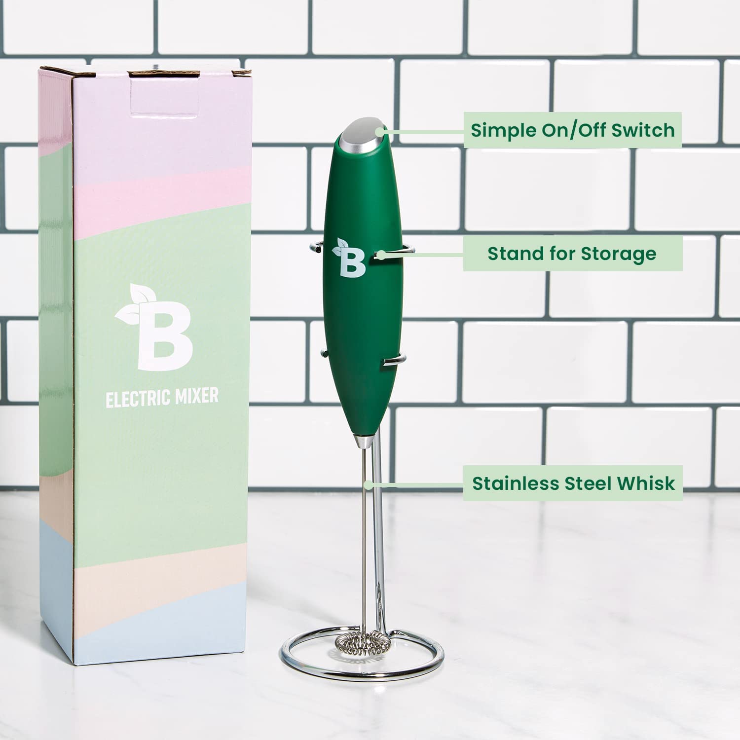 Bloom Nutrition Milk Frother High Powered Hand Mixer, Stainless Steel Electric Matcha Whisk, Handheld Mixer for Coffee, Greens, Protein & More, Battery Operated, Easy to Clean & Includes Whisk Stand