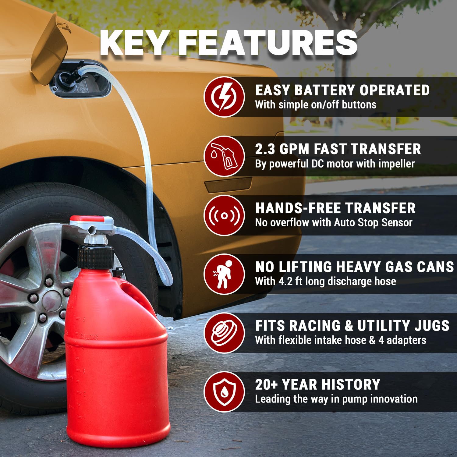 2PK of TERA PUMP TRFA01-XL 4 AA Battery Powered AUTO STOP Pump - Included 4x Gas Can/Racing Can Fittings 4.25ft Long Hose [ 2.3 GPM ] Transfer Rate For Gas Diesel E15 E85 Fuels (Gas Can Not Included)