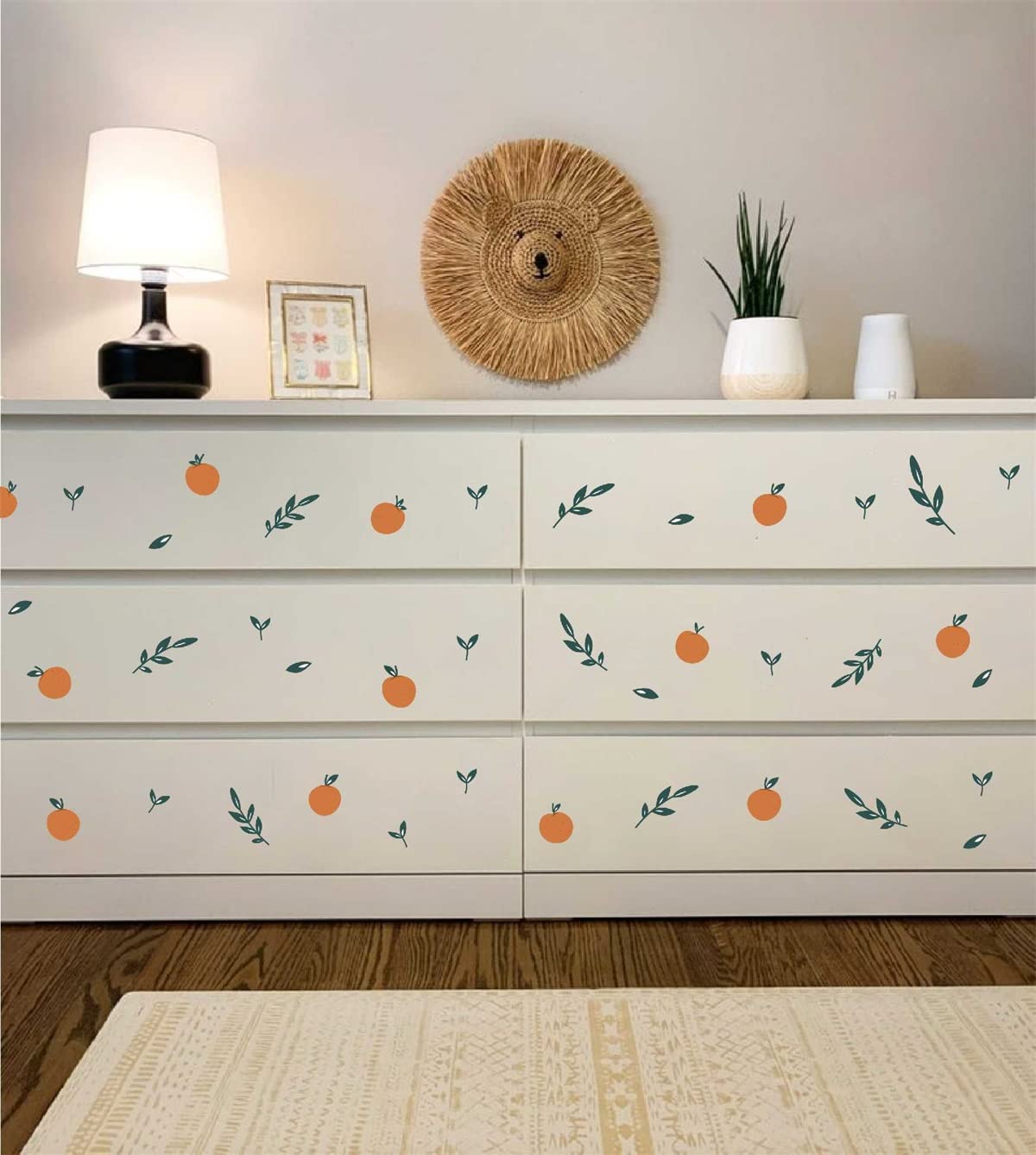 IKEYU Tangerines Green Leaves Wall Decals Boho Wall Decal Stickers Fruit Orange Wall Decal Kitchen Plant Leaf Wall Stickers for Nursery Bedroom Bathroom Kids Room Decor