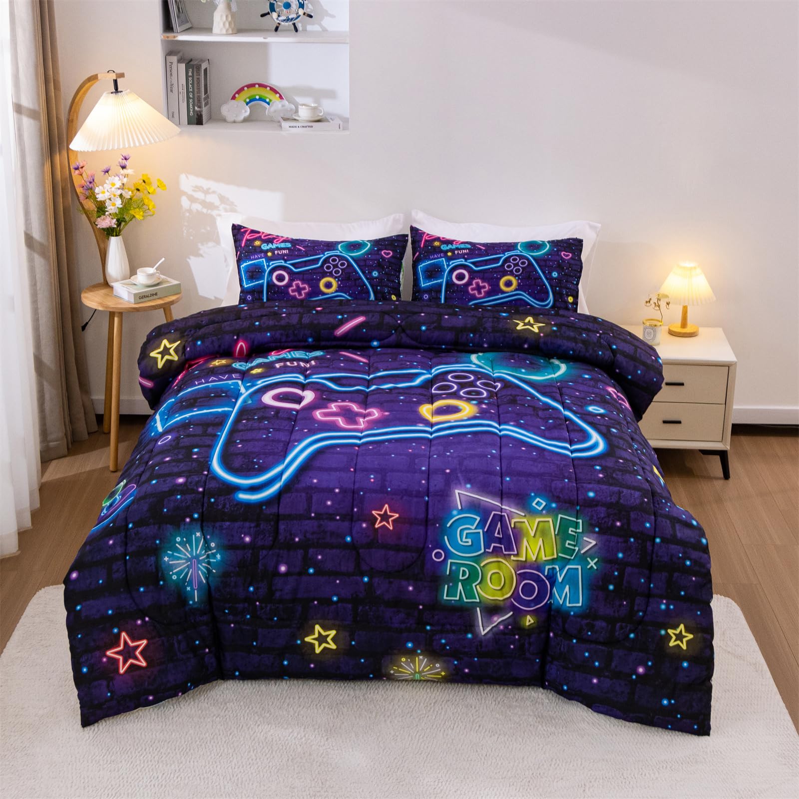 Aimuan Gamer Bedding Sets for Boys Kids Gaming Comforter Sets Video Games Console Action Buttons Gamepad Controller Comforter for Kids Bedroom Decor (Twin, Purple)