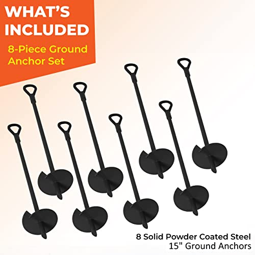 VASGOR 15” Ground Anchors (8pcs) Easy to Use with Drill, 3" Helix Diameter, Heavy Duty Anchor Hook for Camping Tent, Canopies, Car Ports, Sheds, Swing Sets, Securing Animals – Black Powder Coated (8)
