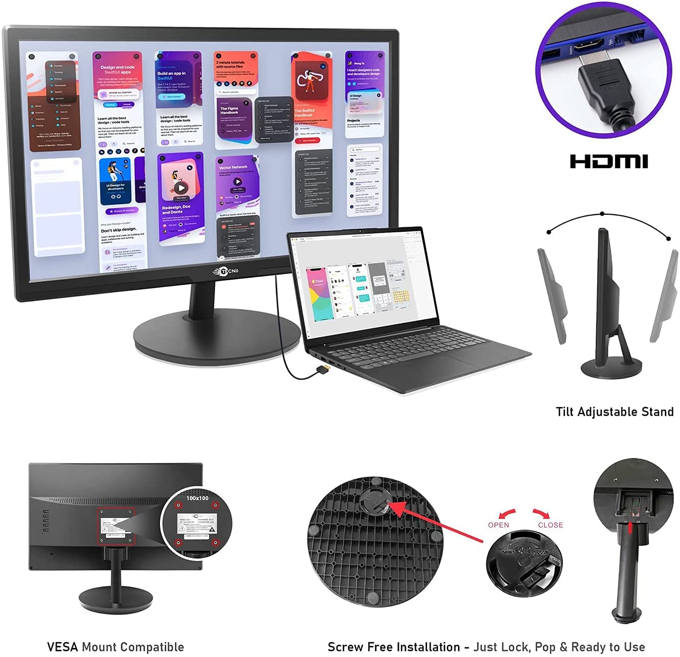 TECNII 20 Inch Widescreen LED Backlit LCD Desktop PC Monitor HD+ Resolution - 3ms Response Time - HDMI - VGA - for Home, Office - Black, TM200