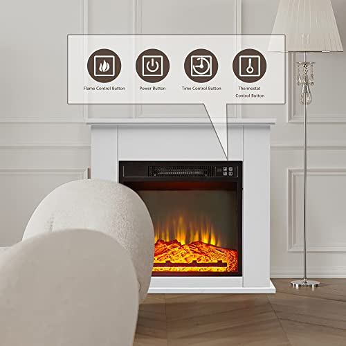 25 Inch 1400W Deluxe Electric Fireplace Mantel Heater, Wooden Freestanding Portable Patio Hearth Space Stove with Remote Control & Realistic Flames Remote Control for Home Room Indoor-White