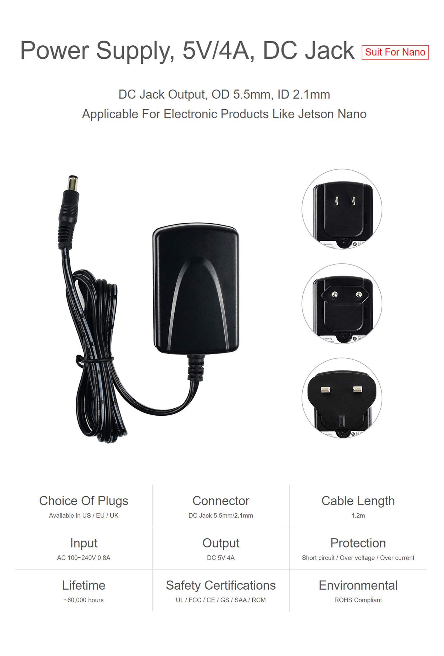 waveshare Power Supply for Jetson Nano,100-240V 0.8A AC to DC 5V 4A Power Adapter Converter for Jetson Nano, DC Jack Output OD 5.5mm ID 2.1mm