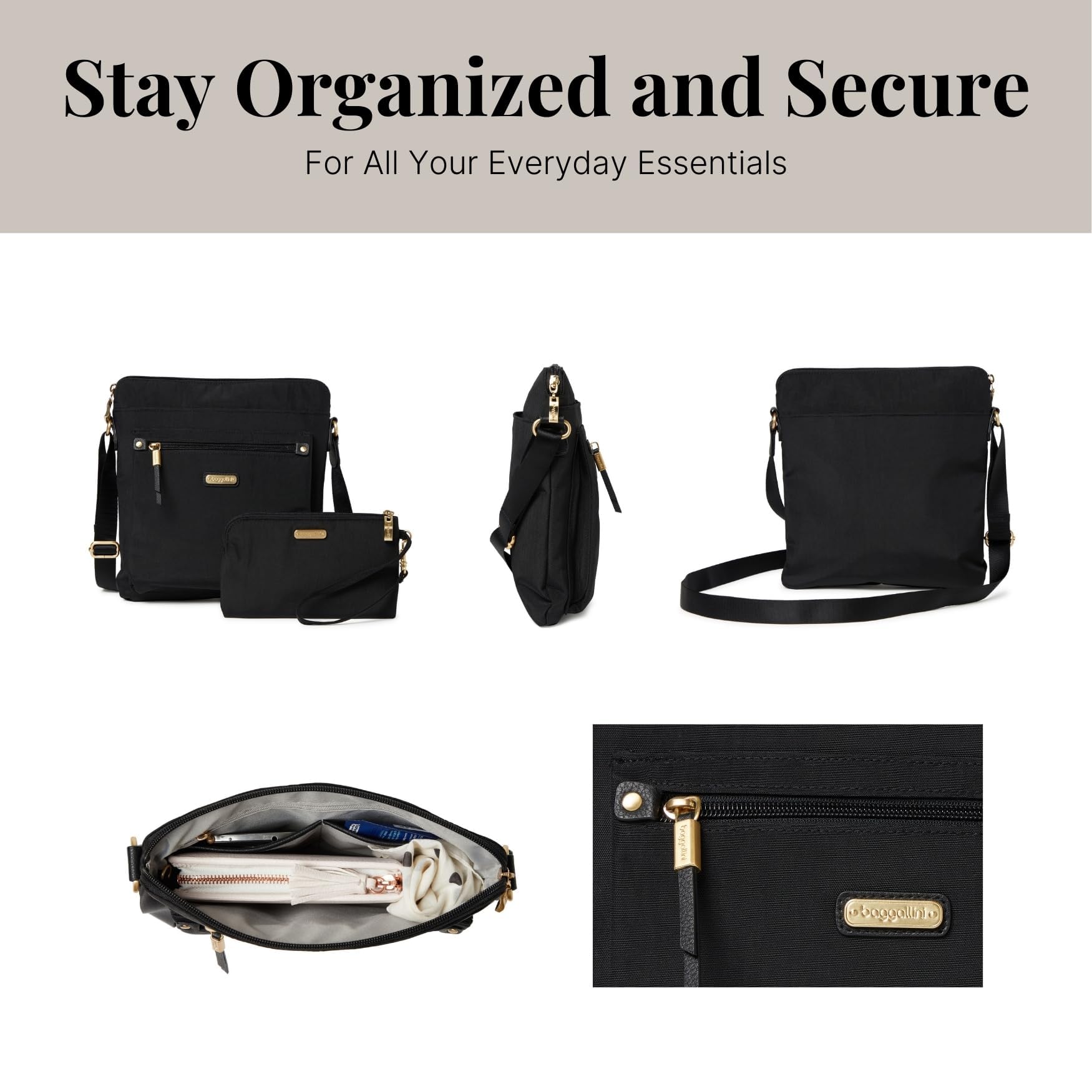 Baggallini womens Go Bagg with RFID Phone Wristlet, Black Gold Hardware, One Size US