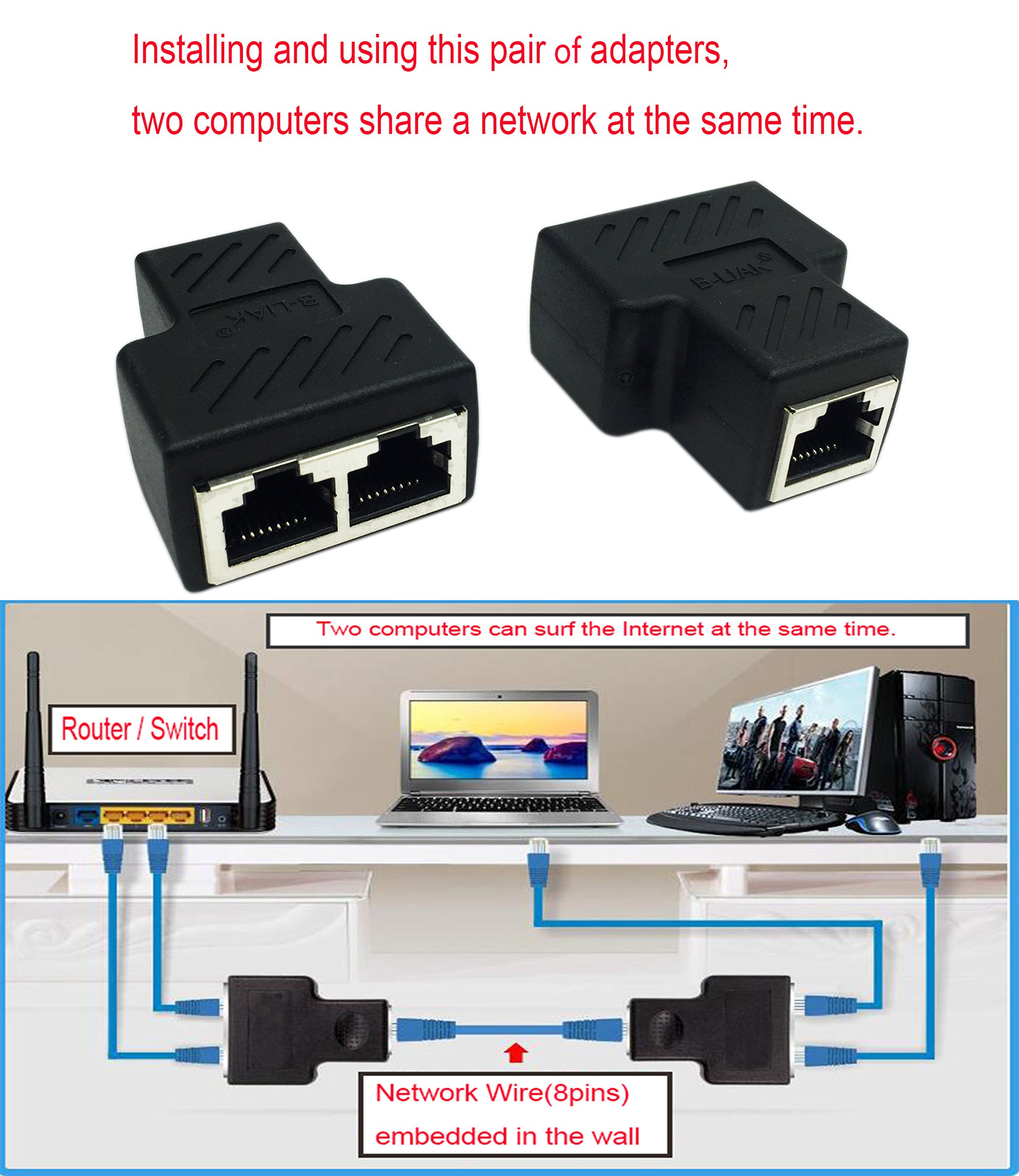 CERRXIAN RJ45 Splitter Adapter, RJ45 Female to 2 Female Splitter Coupler LAN Ethernet Network 1 to 2 Adapter (2-Pack)
