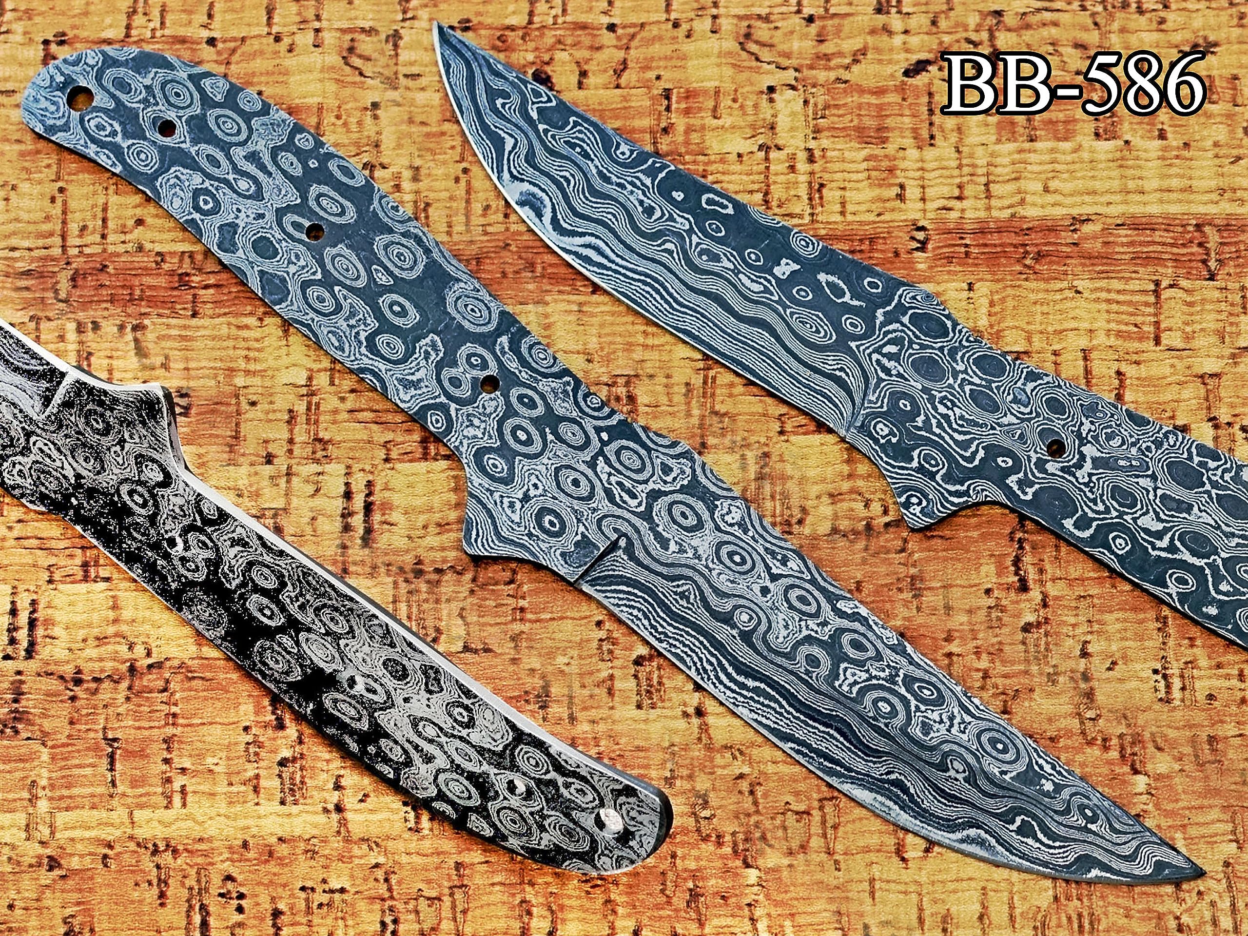 9 inches long Rain drop pattern Damascus steel Trailing point blank blade, knife making supplies, 4.5 inches long straight back scale with 3 pin and a lace holes, 4 inches cutting edge