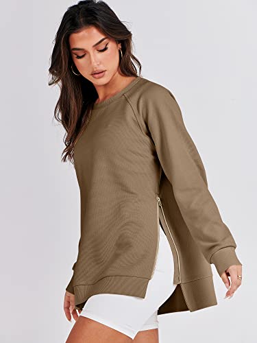 ANRABESS Women's Fall Casual Soft Long Sleeves Sweatshirts Pullover Tunic Tops Split Blouse with Side Zipper Teen Girls Trendy 2023 A1073-kaqi-L Khaki