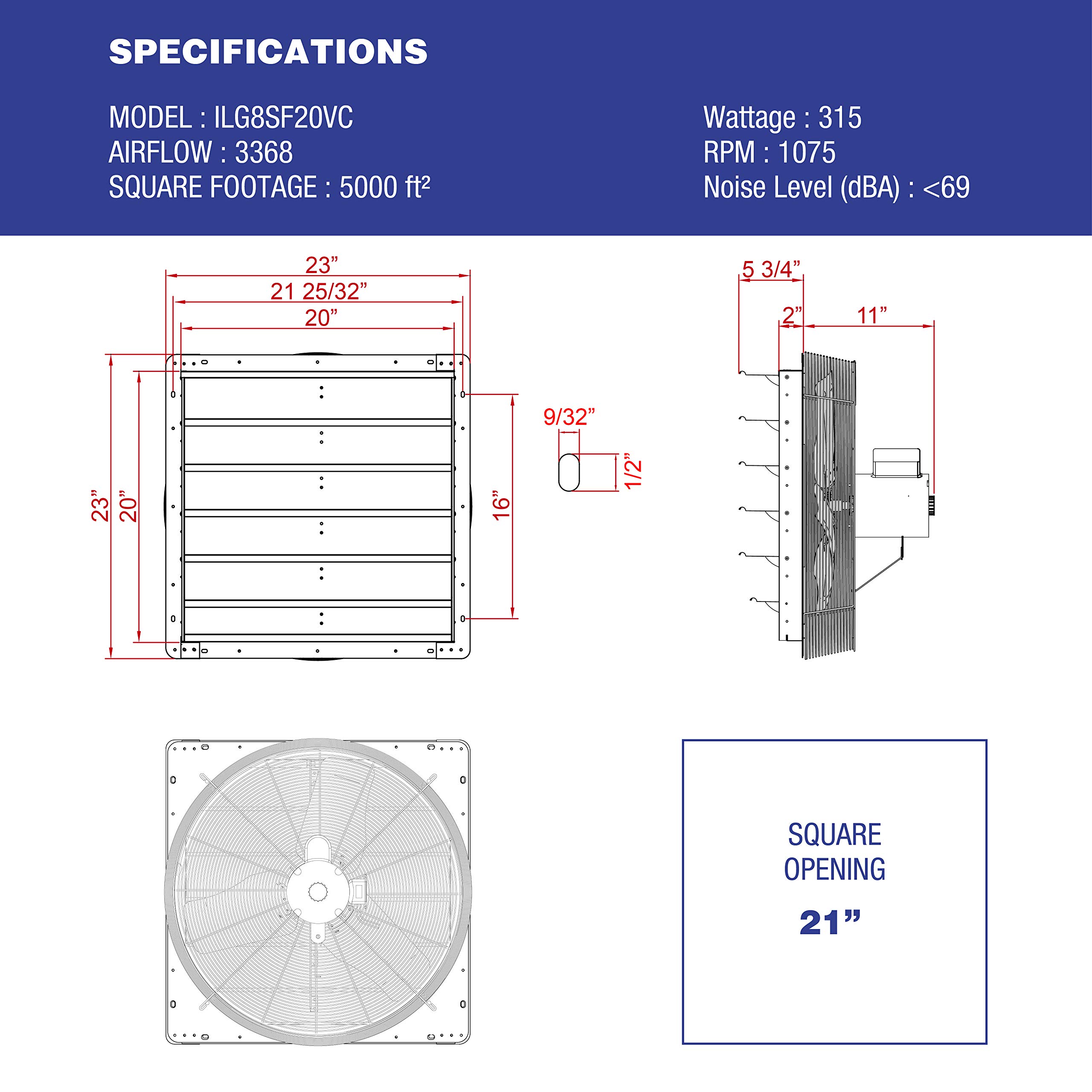 iLIVING 20" Shutter Exhaust Fan with Wireless Smart Remote Controlled Thermostat and Humidity, Variable Speed Wall Mounted Attic Vent Fan, Chicken Coop Ventilation, 3368 CFM, 5000 SQF Coverage Area