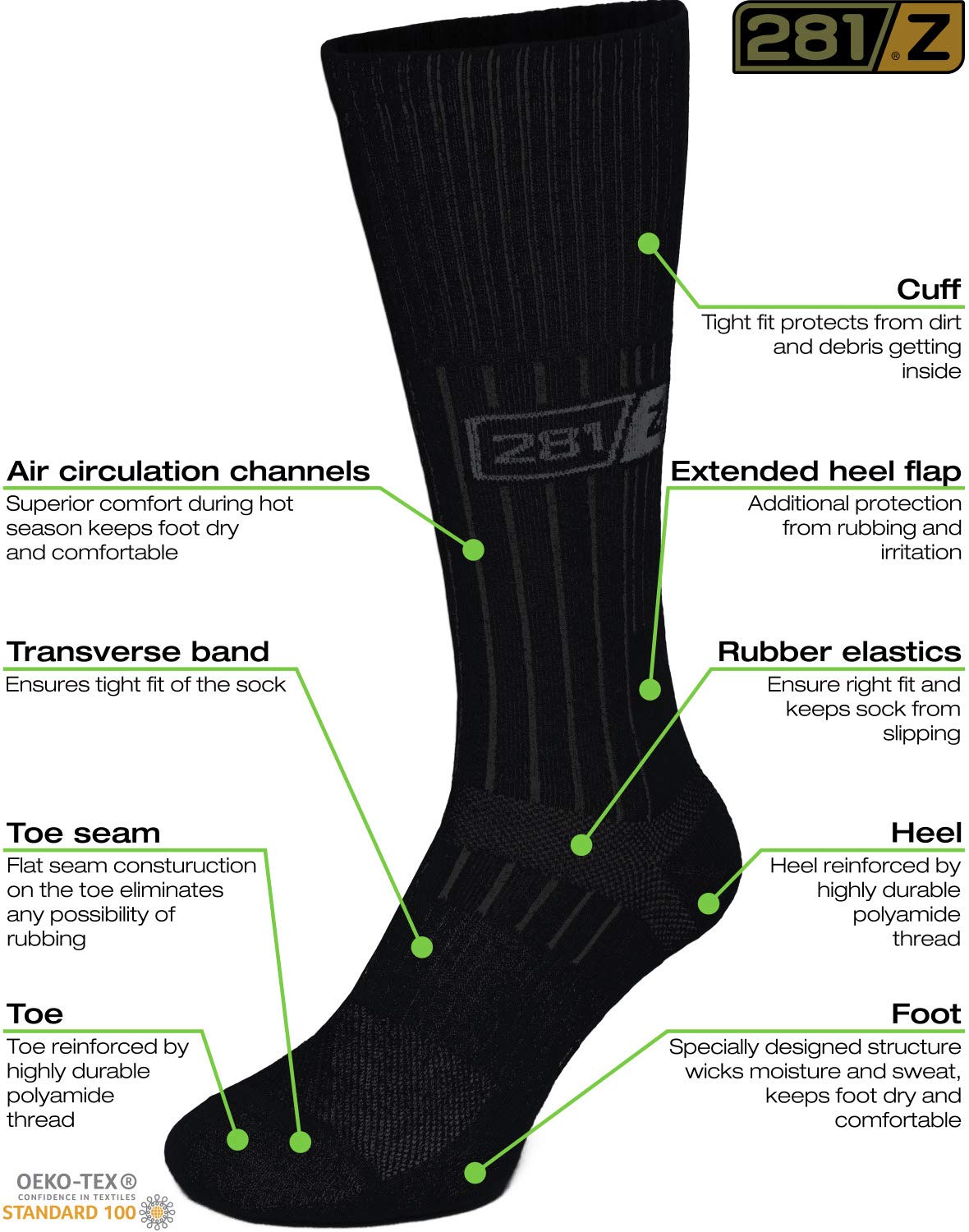 281Z Military Boot Socks - Tactical Trekking Hiking - Outdoor Athletic Sport (Black)(X-Small 1 Pair)