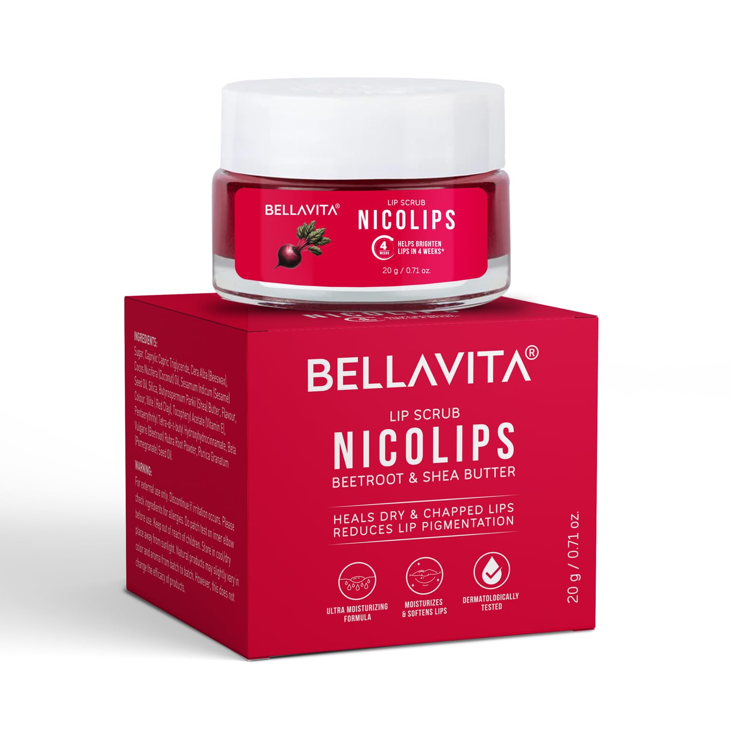 Bella Vita Organic NicoLips Lip Scrub Balm For Lightening & Brightening Dark Lips For Men & Women, 20g