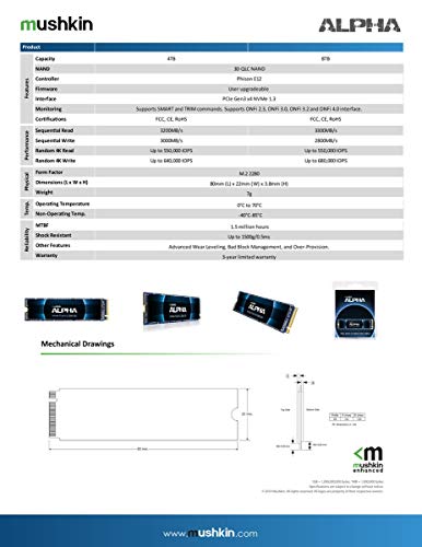 Mushkin Alpha – 4TB PCIe Gen3 x4 NVMe 1.3 – M.2 (2280) Internal Solid State Drive (SSD) – 3D QLC - (MKNSSDAL4TB-D8)
