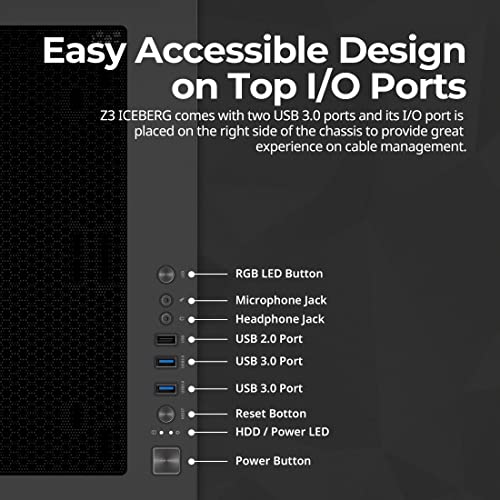 Zalman Z3 Iceberg ATX Mid Tower Gaming PC Case - 2 x 120mm ARGB Fans Preinstalled - Tempered Glass Side Panel - Support E-ATX, 2 x USB 3.0, Black