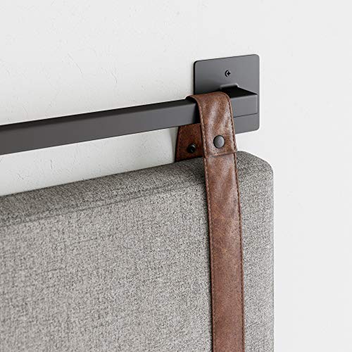 Nathan James Harlow Modern Wall Mount Hanging Upholstered Headboard, Queen, Gray with Brown Faux Leather Straps