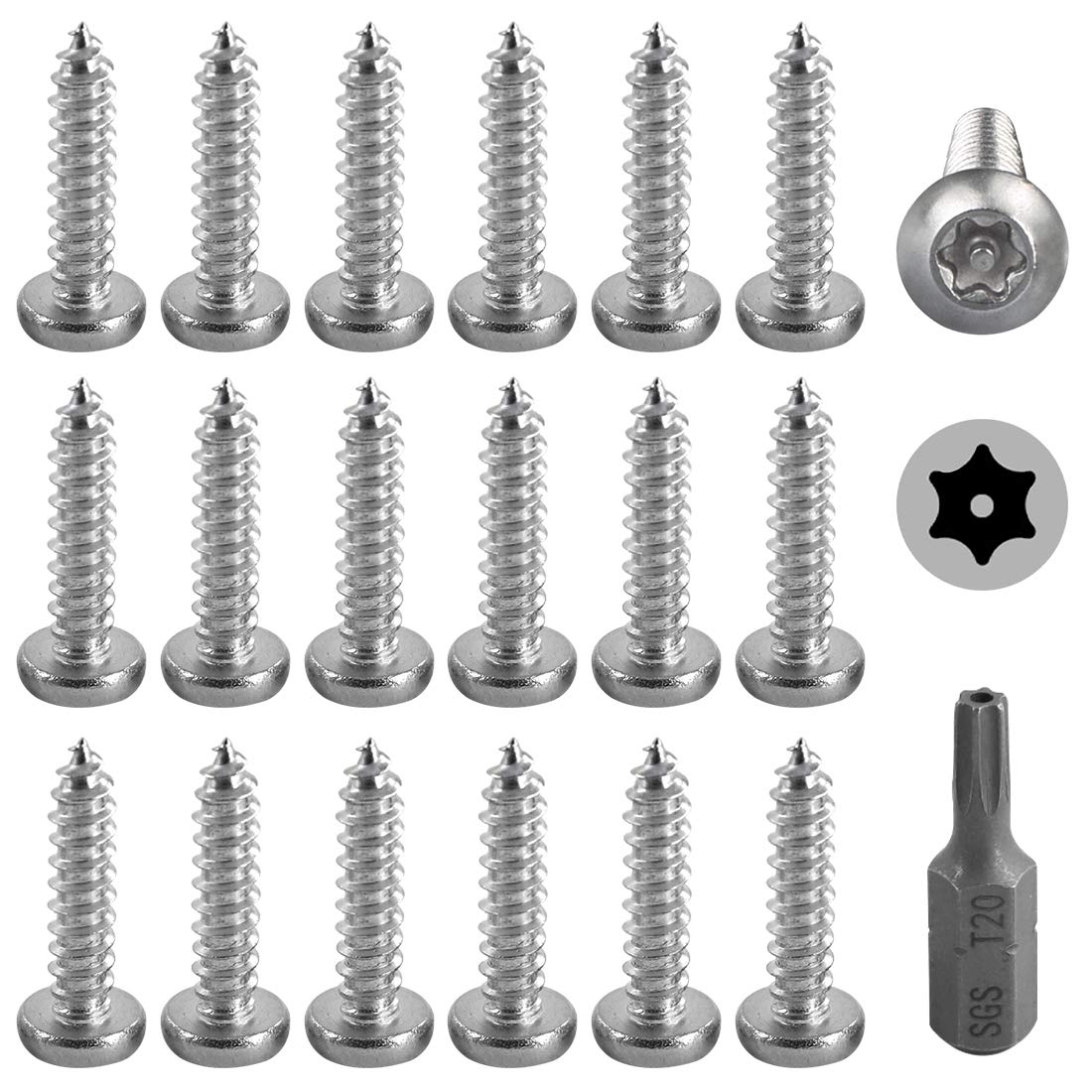 Hilitchi 50 Pcs #8 x 3/4â Stainless Steel Button Head Torx Sheet Metal Screws Security Silver Screws Anti-Theft Tamper Proof with Bit T20