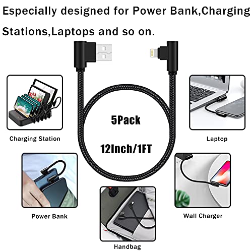 Osecet iPhone Charger 1ft 90 Degree Elbow 5 Pack MFi Certified Right Angle Lightning Cable 1 Foot Braided iPhone Charging Cable for iPhone 13 12 11 Pro X XS XR 8 Plus 7 6 5(Black,1 Feet)