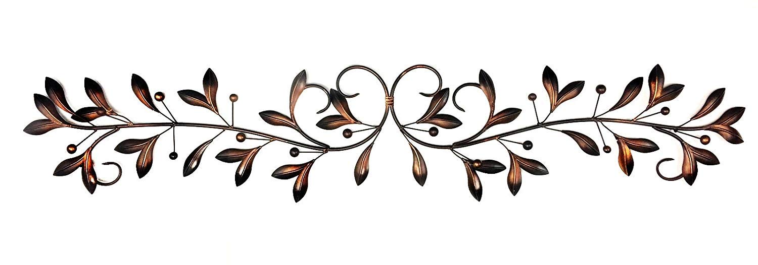 Bellaa 21956 Metal Wall Decor Over The Door Window Olive Branch Leaf Scroll Wrought iron Plaque Hanging Art Boho Home Decor Garden Patio Farmhouse Ranch Floral Accents 48 inch