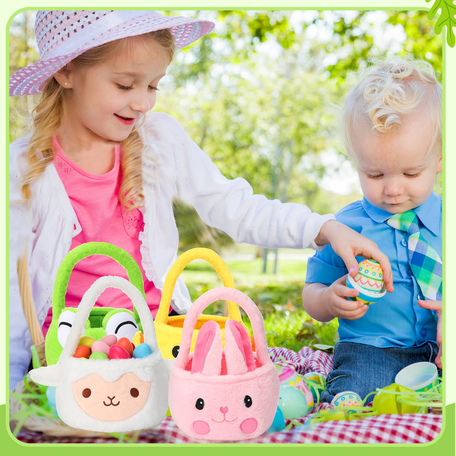 4 Pcs Easter Basket for Kids Plush Easter Bunny Chick Sheep Frog Basket Easter Egg Hunt Basket Bags with Handle for Easter Decorations Gifts Candy Toy Storage Cute Easter Gifts for Girls Boys