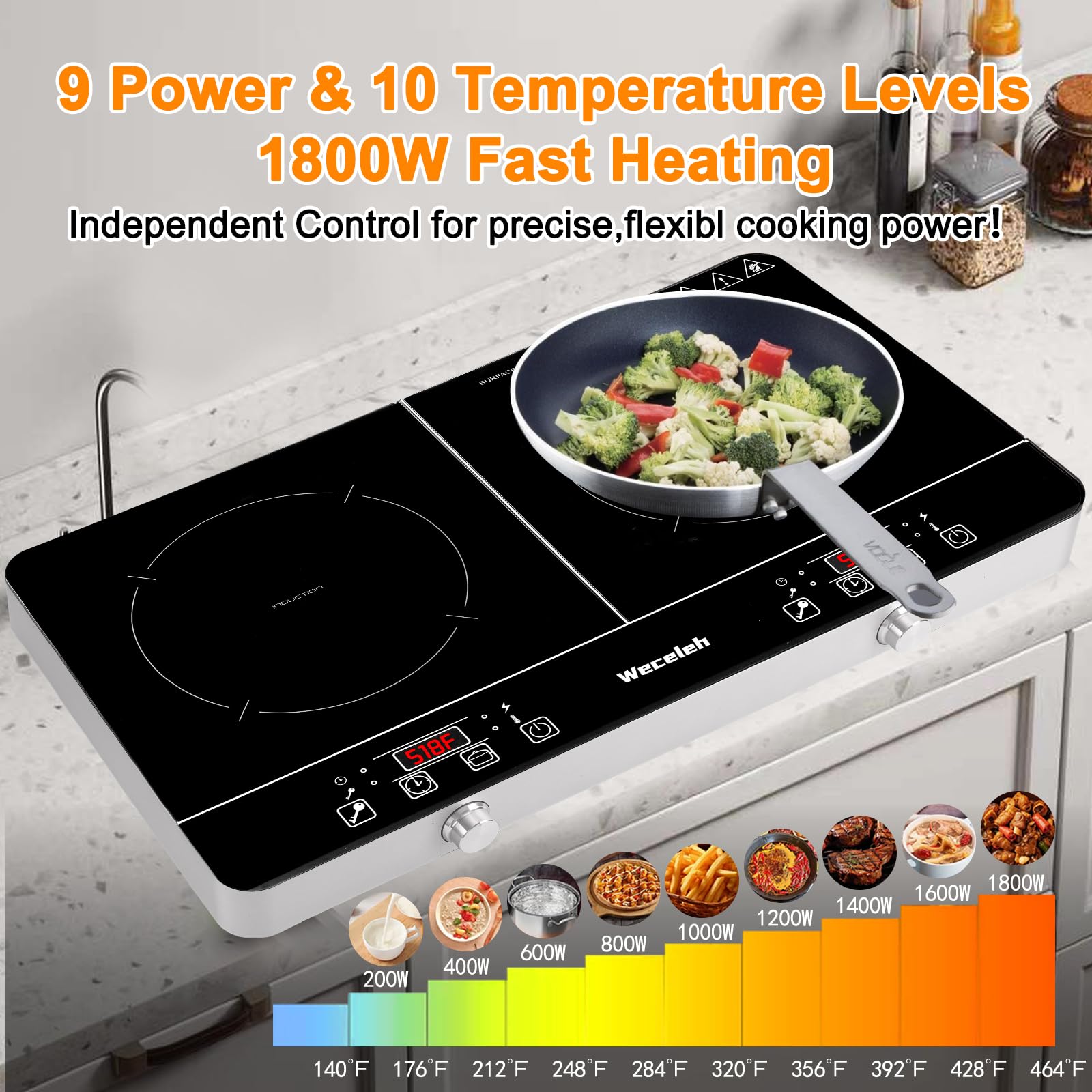 Portable Induction Cooktop 1800W Double Induction Cooktop Stove Hot Plates,2 Independent Touch Control with 2 Knobs,9 Power & 10 Temp Levels,Child Safety Lock,Timer
