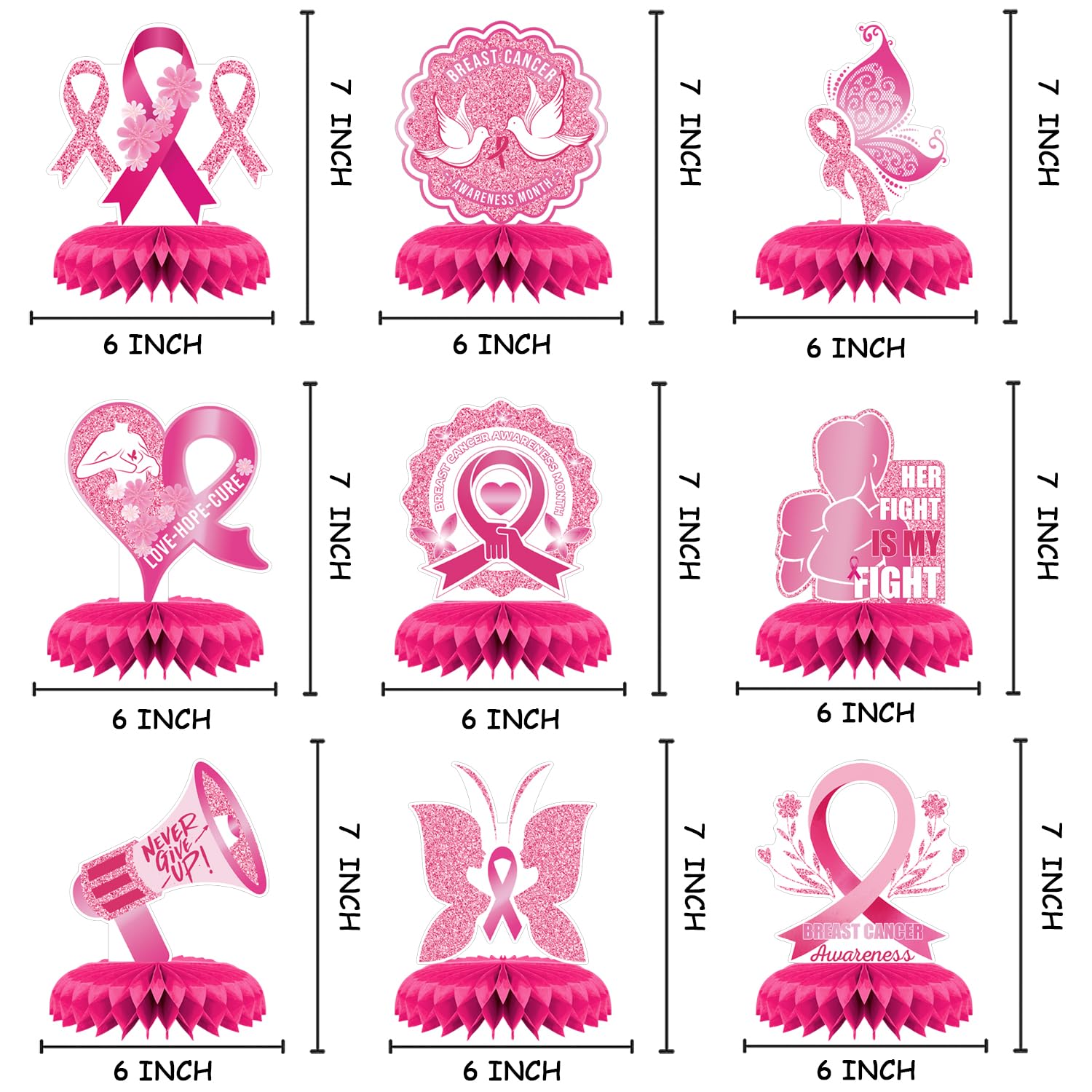 9 PCS Breast Cancer Awareness Centerpieces Pink Ribbon Faith Strength Courage Table Decorations Pink Ribbon Cake Table Decoration